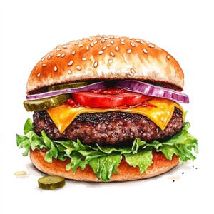 10 Printable Cheeseburger Art, Watercolor Cheeseburger Decor, Tasty ...