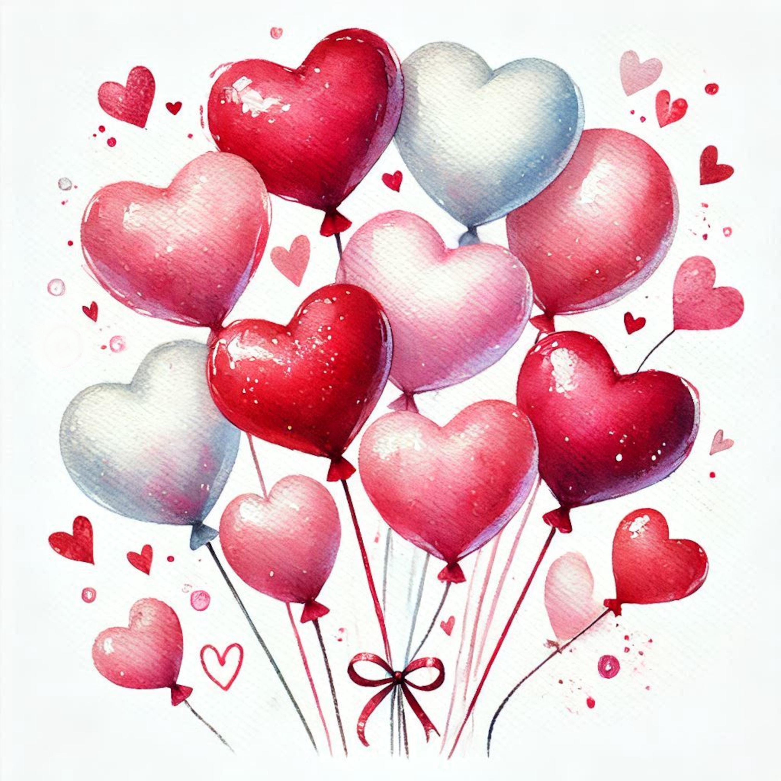 10 Printable Pink Heart Balloons, Watercolor Valentines Day Party ...