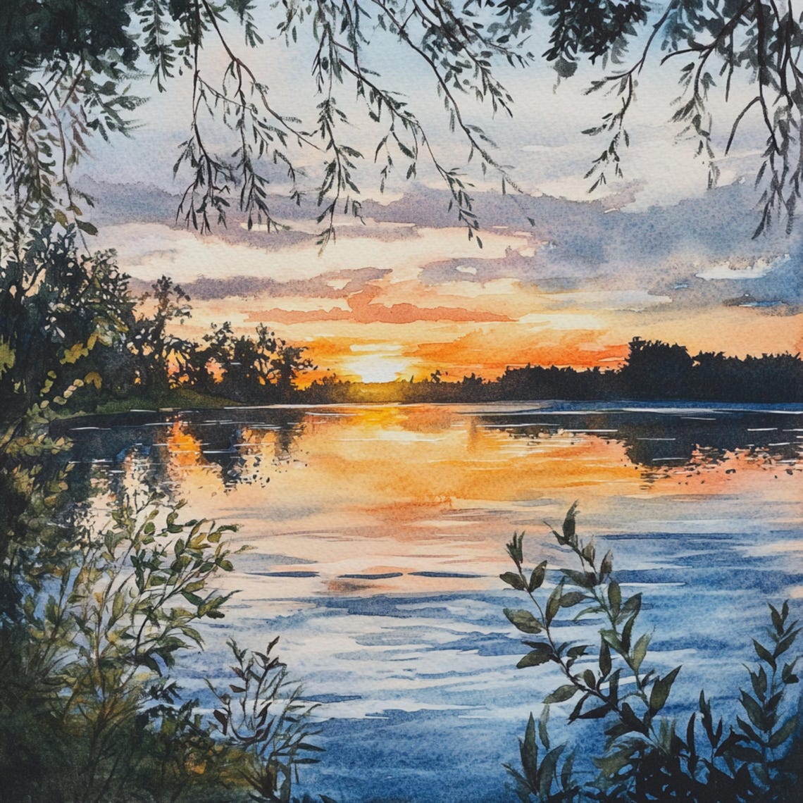 10 Printable Morning Lake Landscape, Sunrise Lake Watercolor Art ...