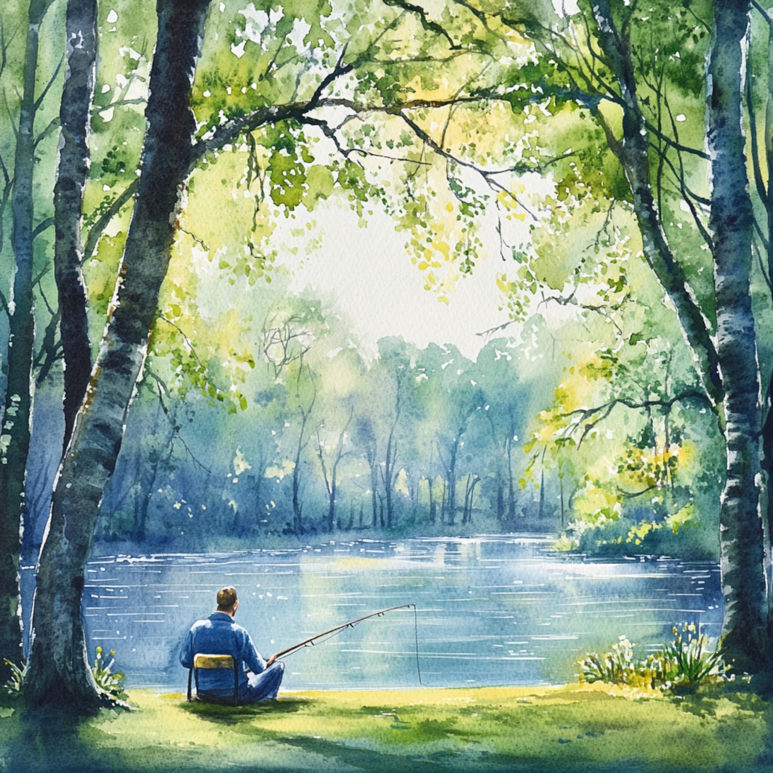 Printable Fishing Man, Fisherman on Forest Lake, Watercolor Clipart ...