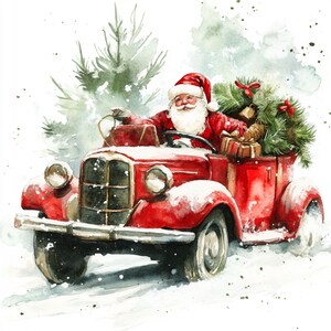 Santa in Red Car, Watercolor Santa Driver Clipart, Christmas Clipart ...
