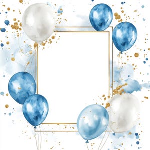 10 Printable Blue White Balloons Frame, Watercolor Party Ballons, Blue ...