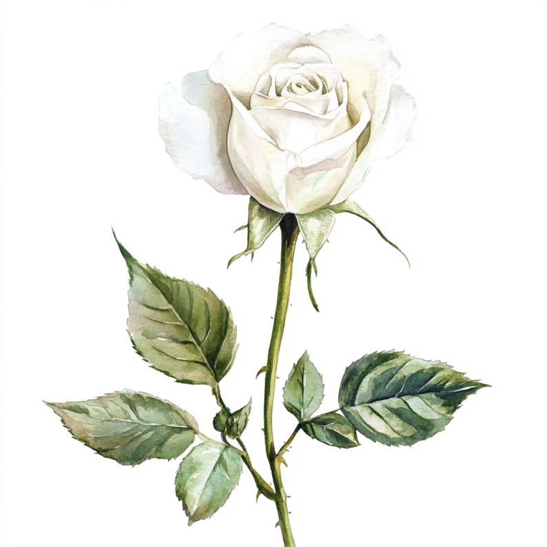 10 Printable White Rose Arts, Watercolor Rose Bud, Rose Bud Botanical ...
