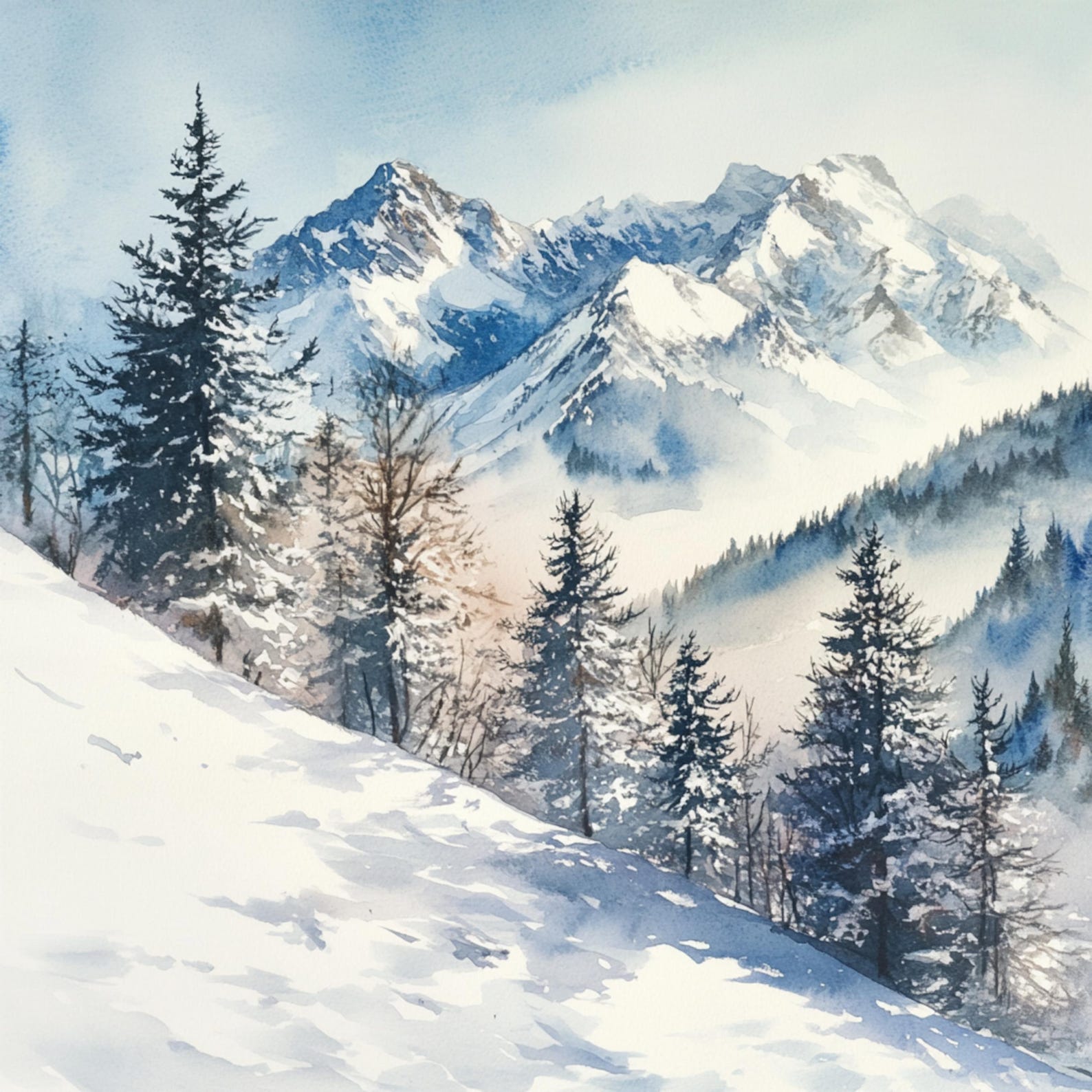 Winter Mountains Landscape, Watercolor Snowy Mountain, Christmas ...