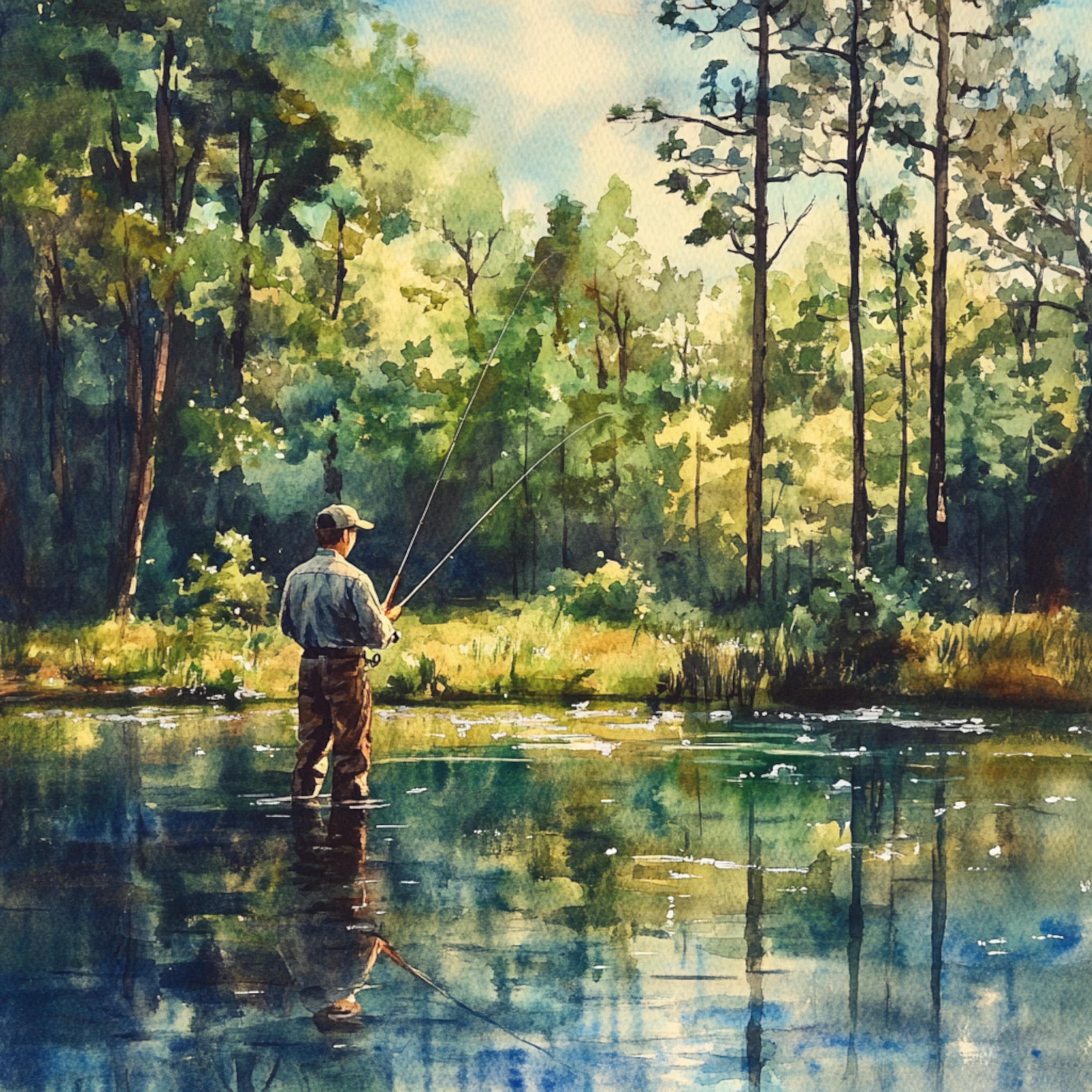 Printable Fishing Man, Fisherman on Forest Lake, Watercolor Clipart ...