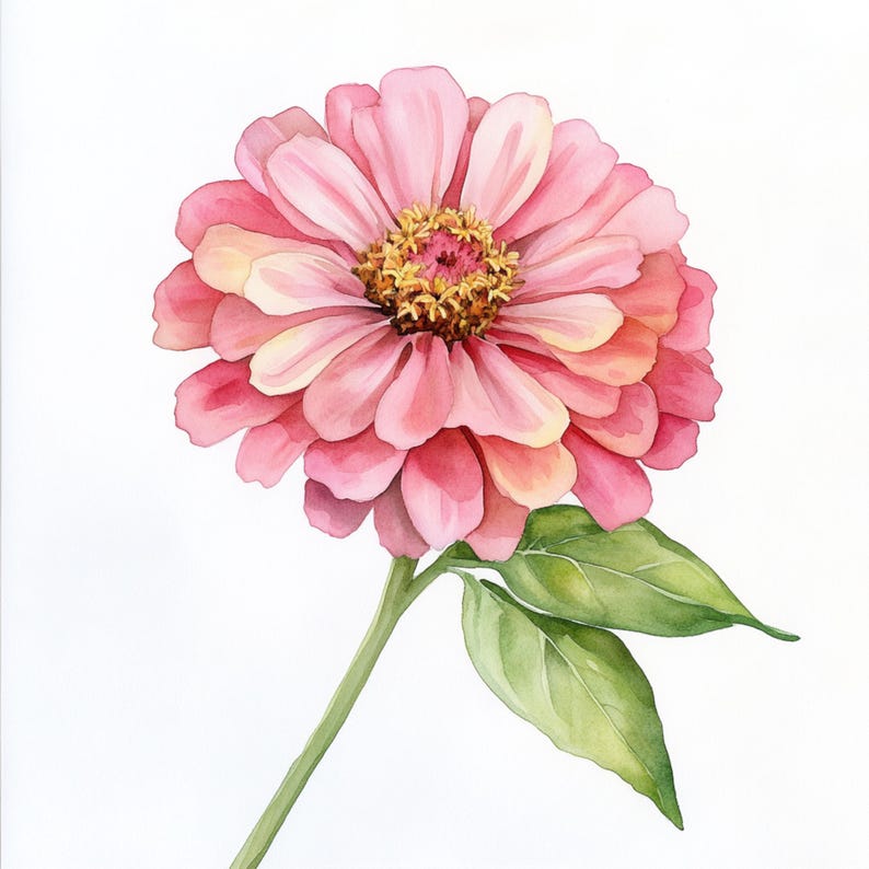 10 Printable Zinnia Flower, Pink Flower, Zinnia Gift Art, Watercolor ...