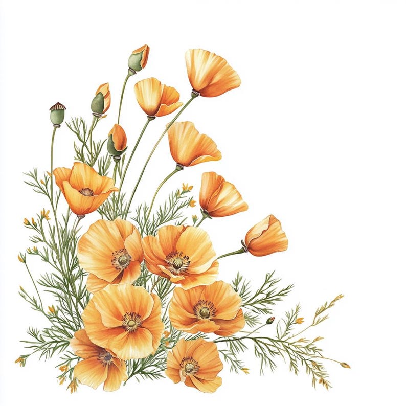 10 Printable California Poppies Corner, Watercolor Images, Orange ...