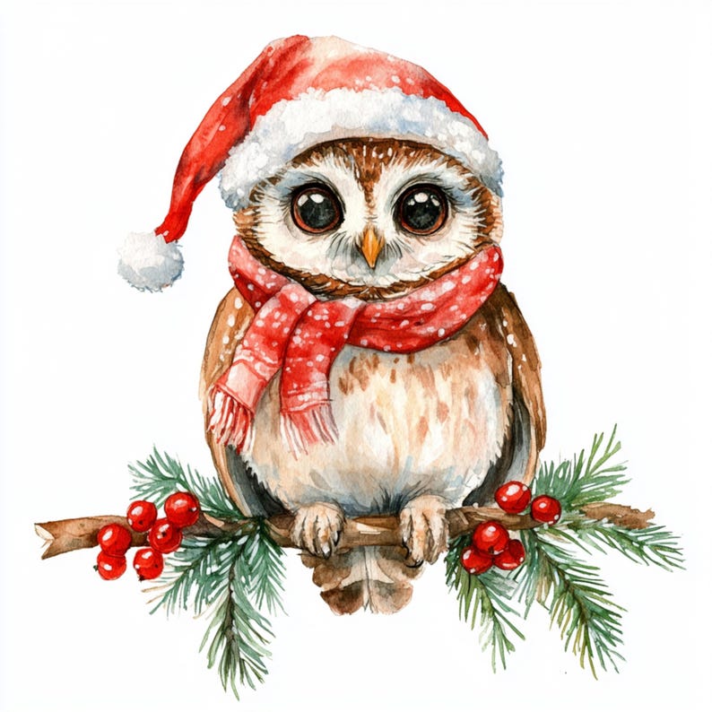 10 Printable Cute Owl Clipart, Watercolor Art, Santa Owl, Printable JPG ...
