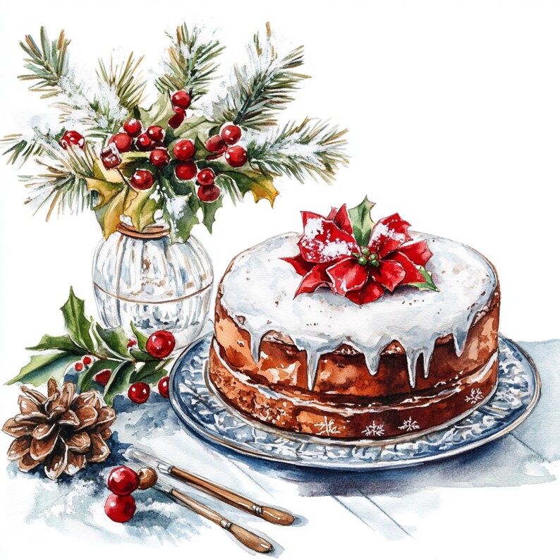 Printable Christmas Cake, Watercolor Images, Food Decor, 10 Clip Art ...
