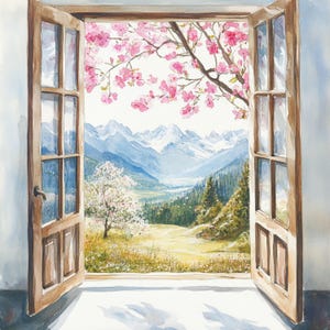 Printable Spring Mountain Window, Easter Decor, Watercolor Art, Floral ...