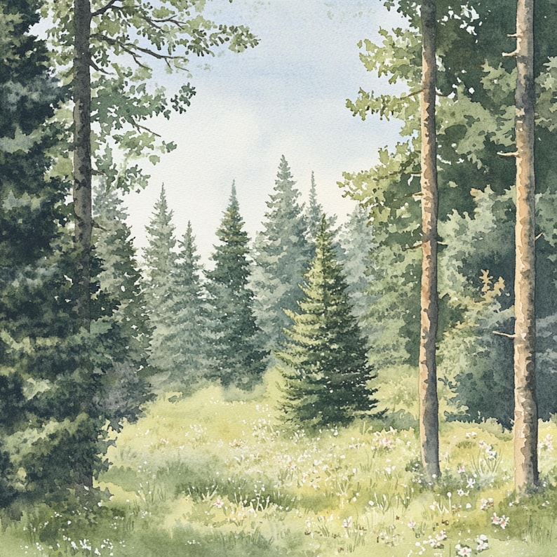 10 Printable Spring Forest, Watercolor Art, Spring Forest, Green Forest ...