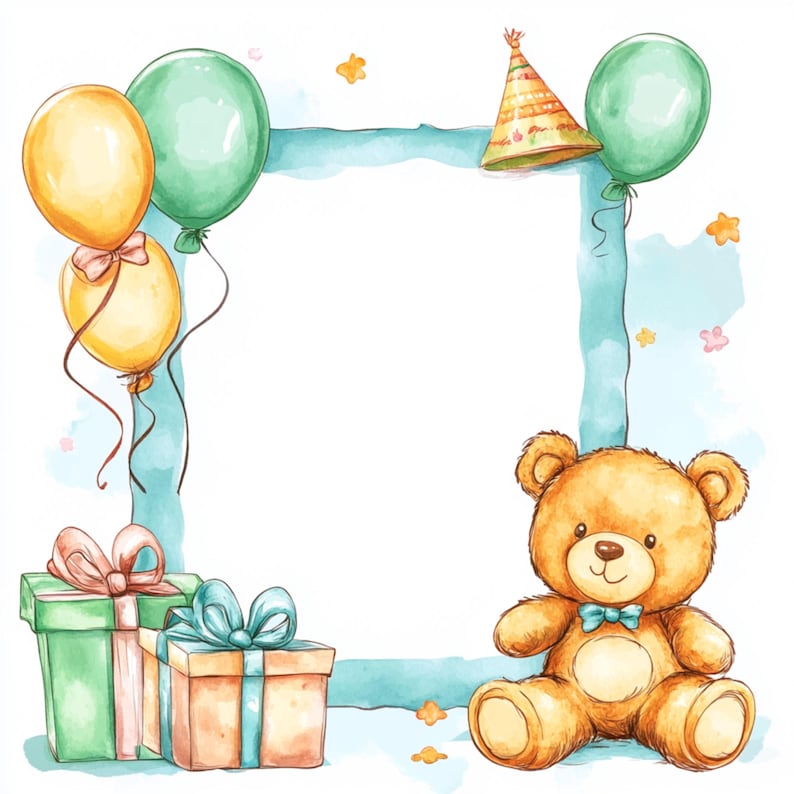 10 Printable Birthday Frames, Watercolr Birthday Frame, Teddy Bear ...