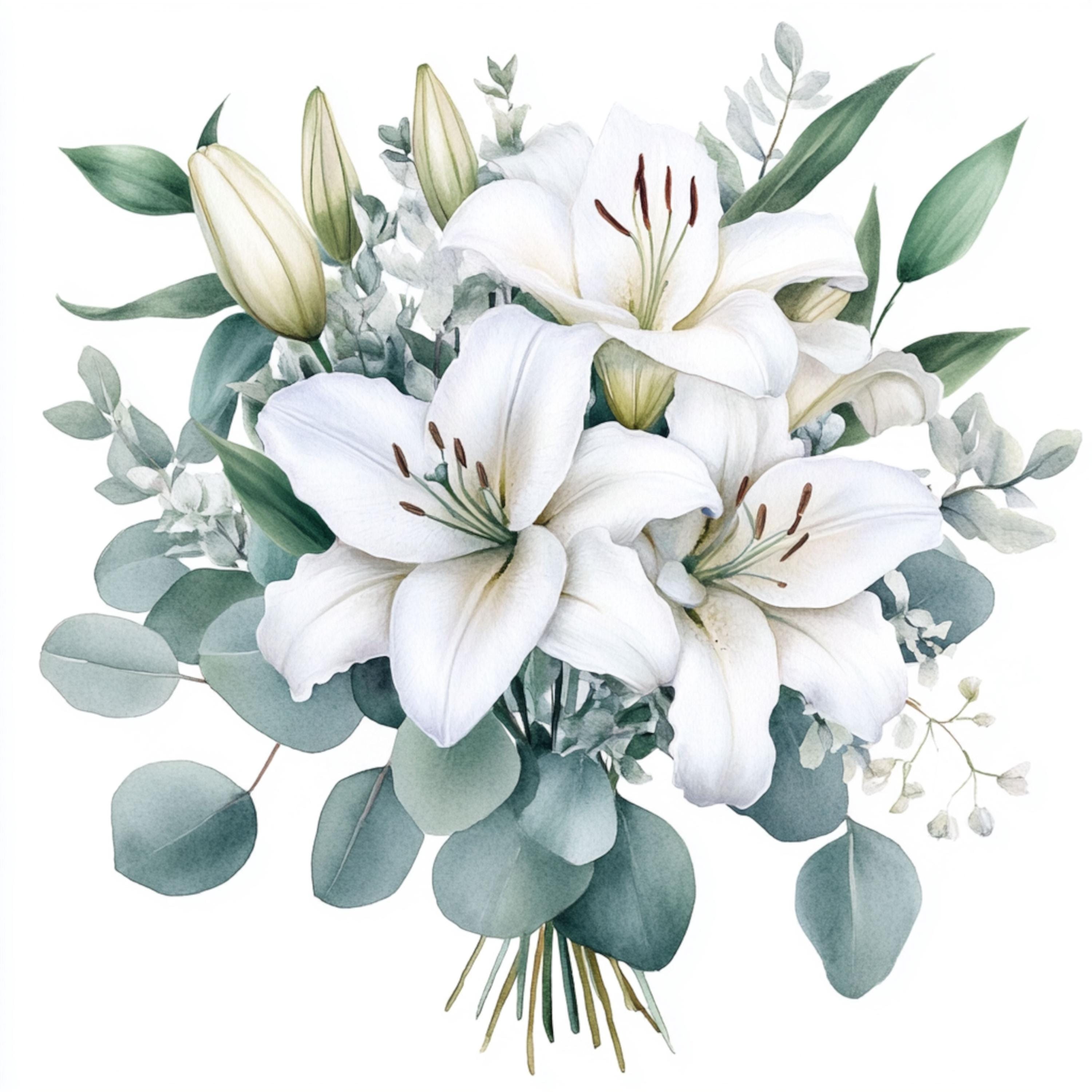 10 Printable White Bouquet, Watercolor Lily, Botanical Lily Art ...