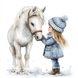 Printable Little Girl and Horse, Watercolor Girl and Ponny Art ...