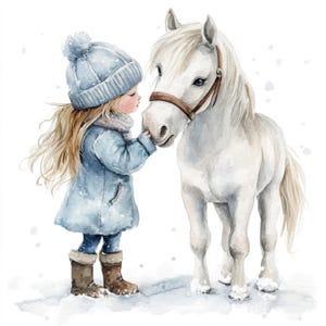 Printable Little Girl and Horse, Watercolor Girl and Ponny Art ...