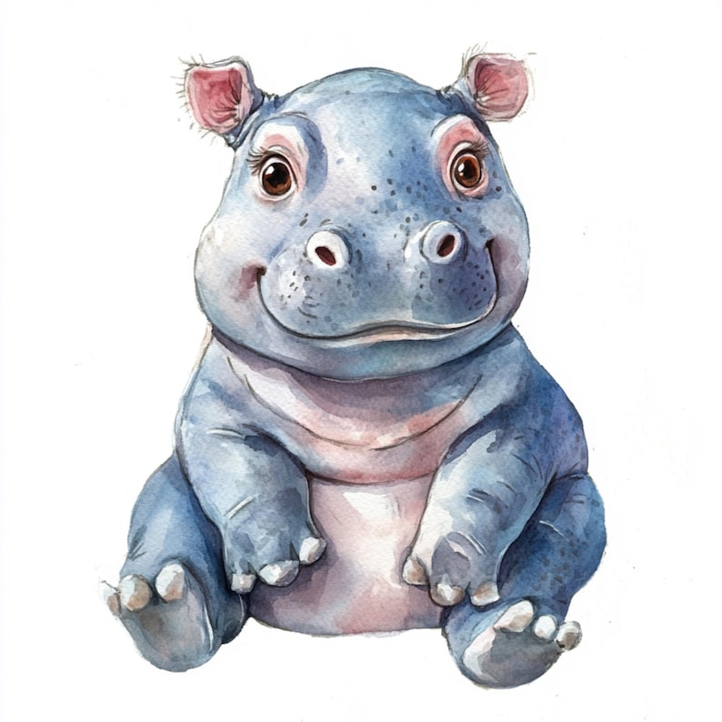 Printable Little Hippo, Watercolor Baby Hippo, 10 Cute Clipart ...