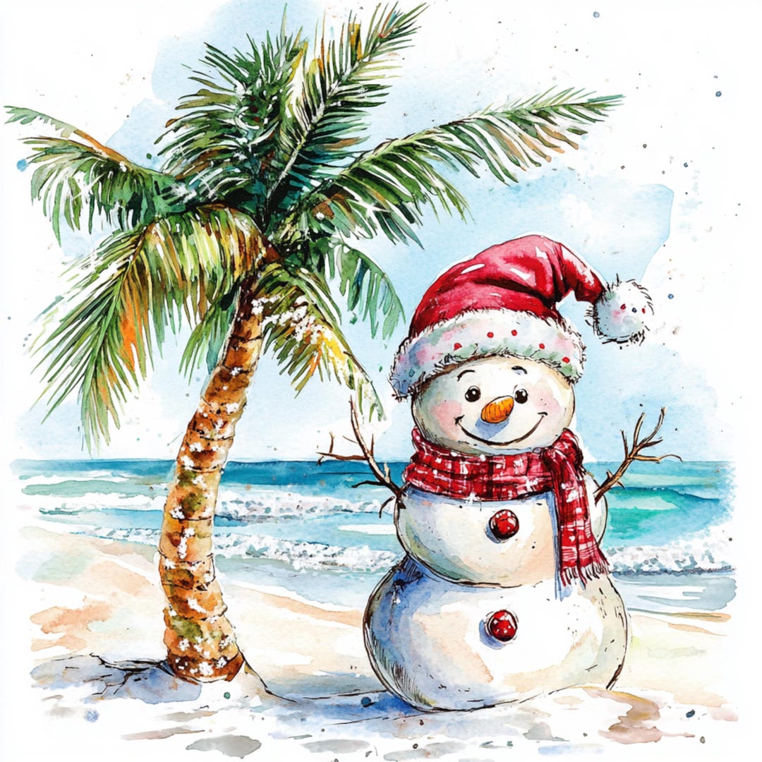 Christmas Tropical Snowman Print, Christmas Card Art, Printable ...