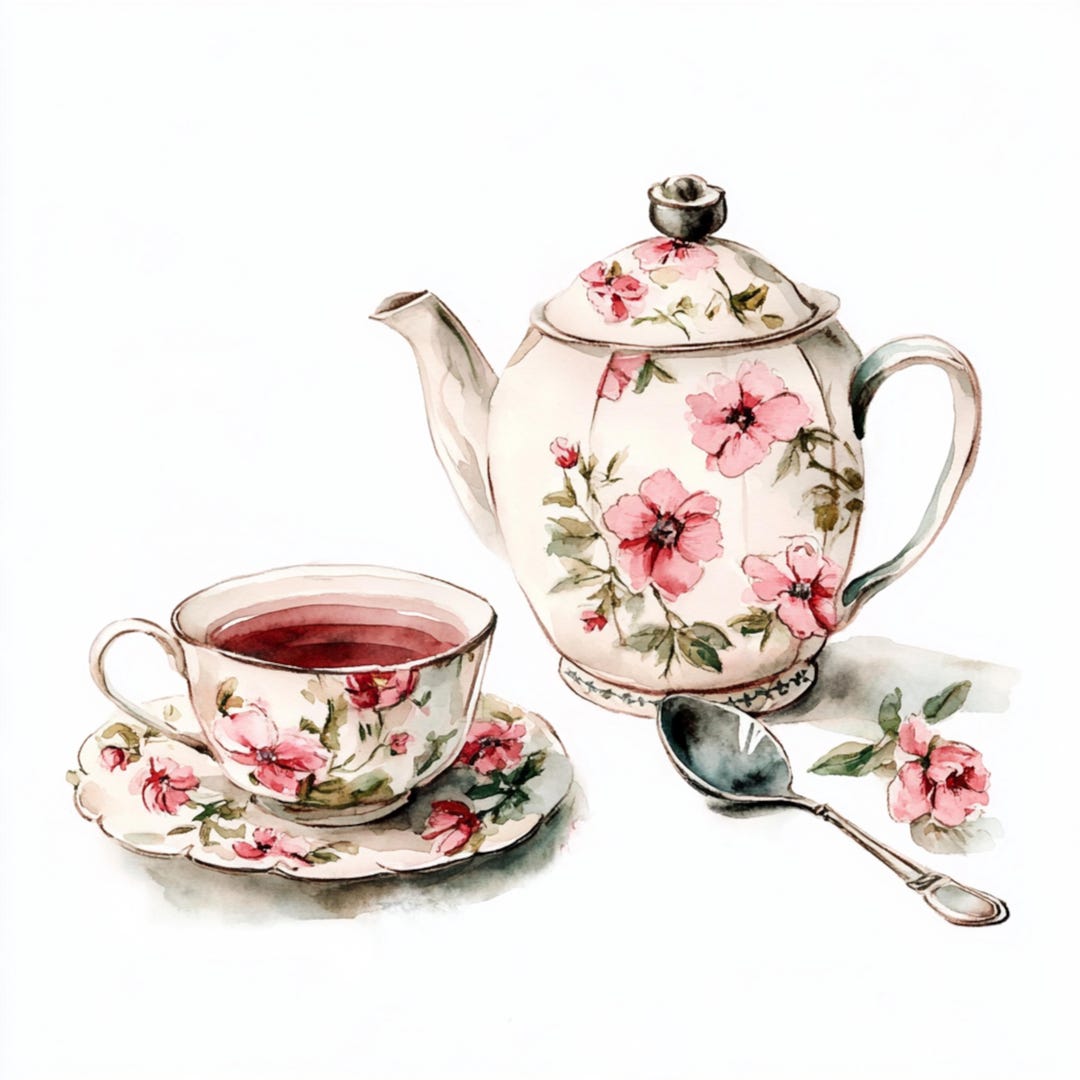 Printable Tea Set Art, Watercolor Tea Set, Rococo Style Tea Set ...