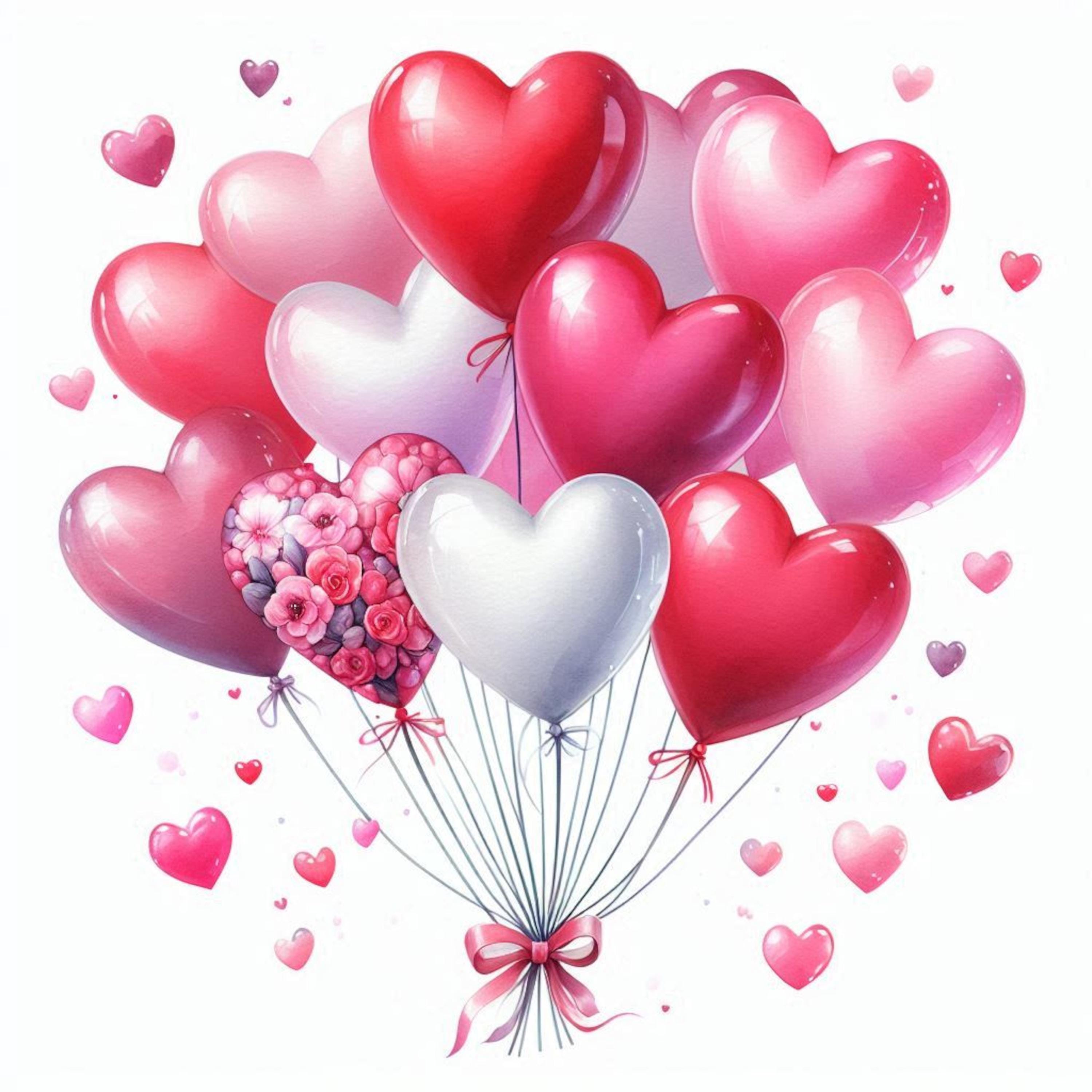 10 Printable Pink Heart Balloons, Watercolor Valentines Day Party ...