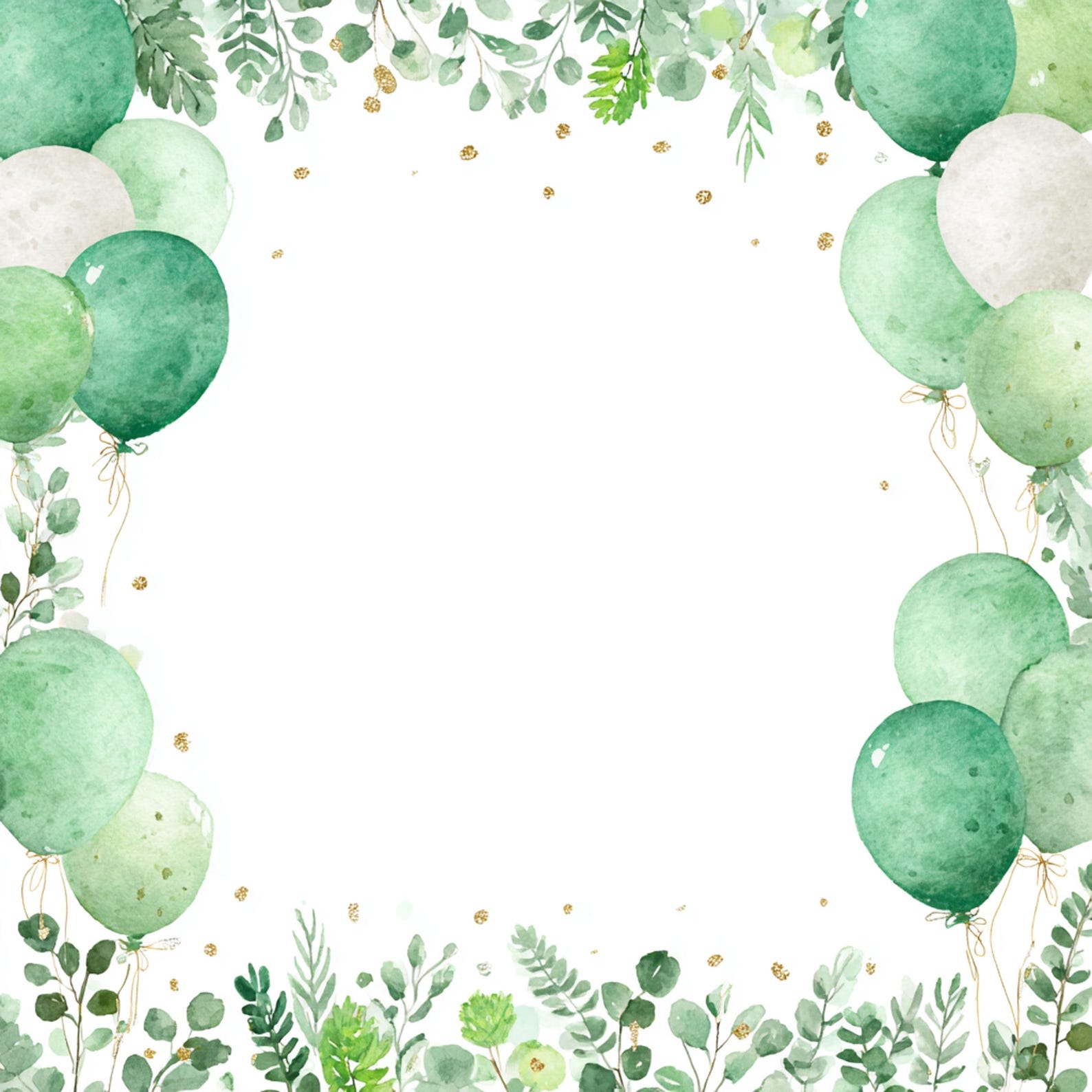 10 Printable Green White Balloons Frame, Watercolor Party Ballons ...