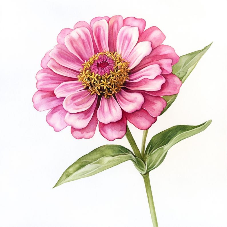10 Printable Zinnia Flower, Pink Flower, Zinnia Gift Art, Watercolor ...