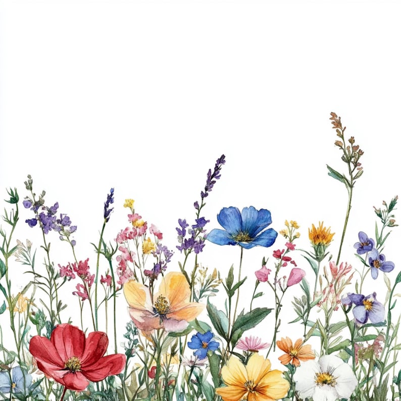 10 Printable Wildflowers Border Decor, Watercolor Grassland Flowers ...