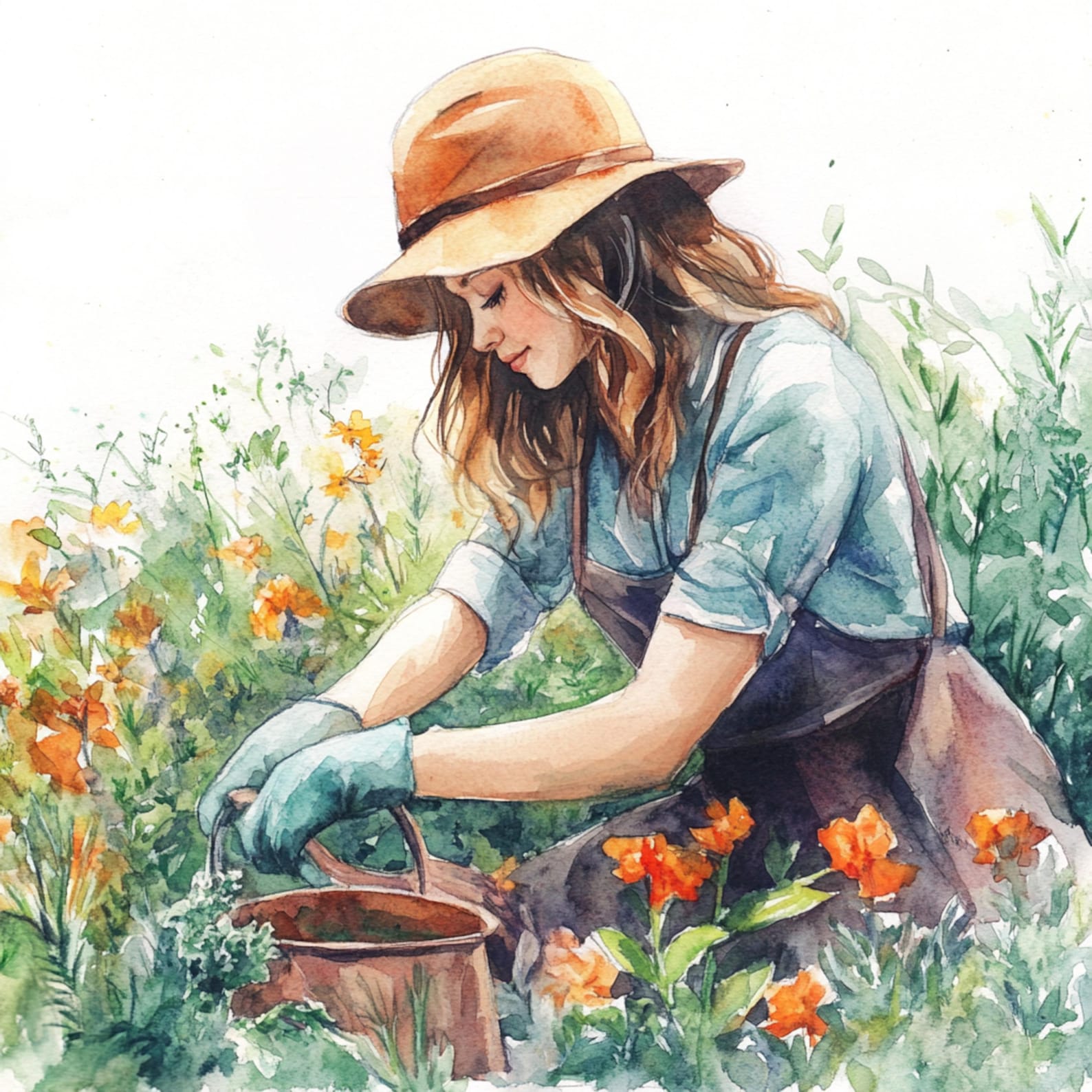 Printable Girl in Garden, Watercolor Gardening Art, Watercolor Clip Art ...