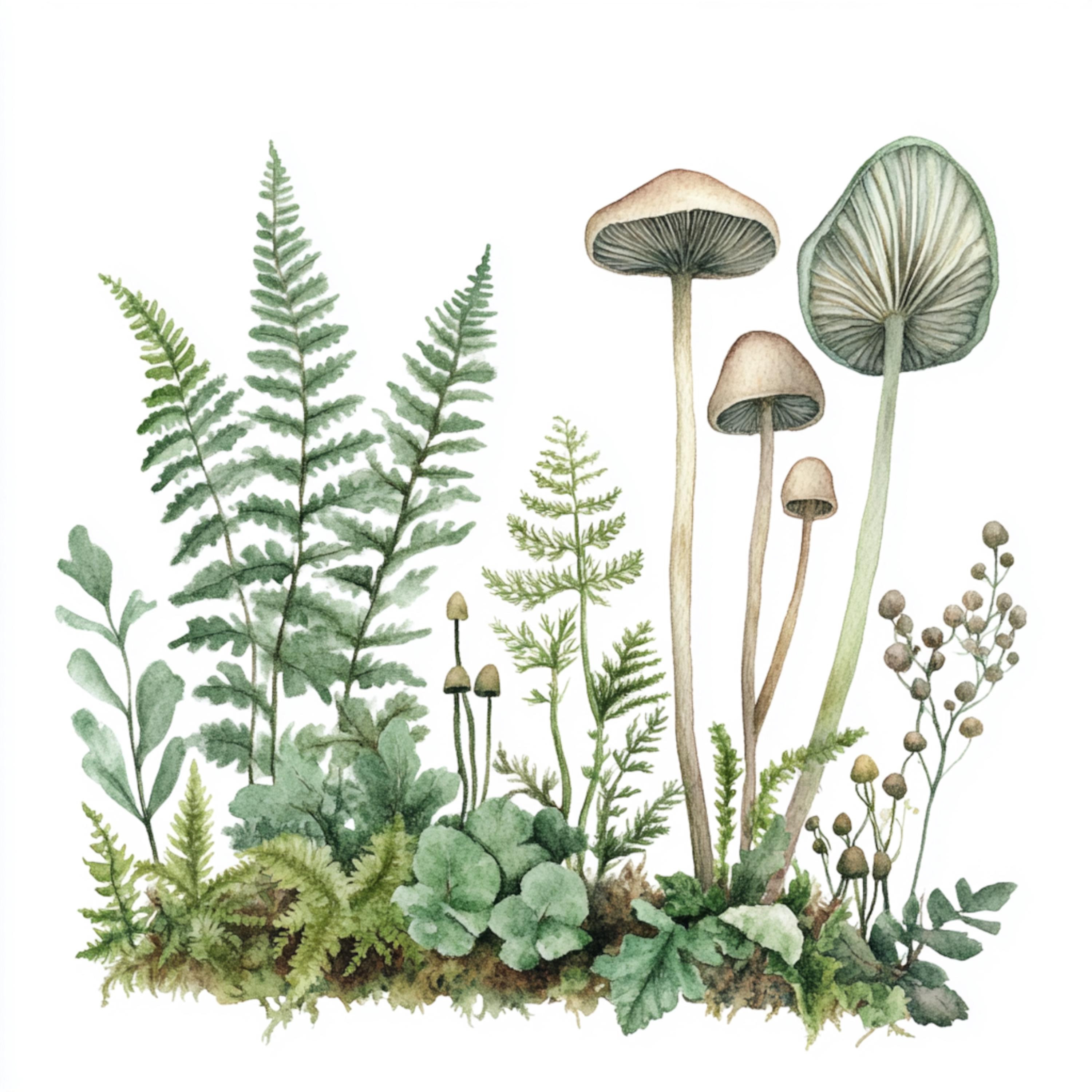 10 Printable Fern Leaves Decor, Watercolor Moss and Mushrooms, Fern ...