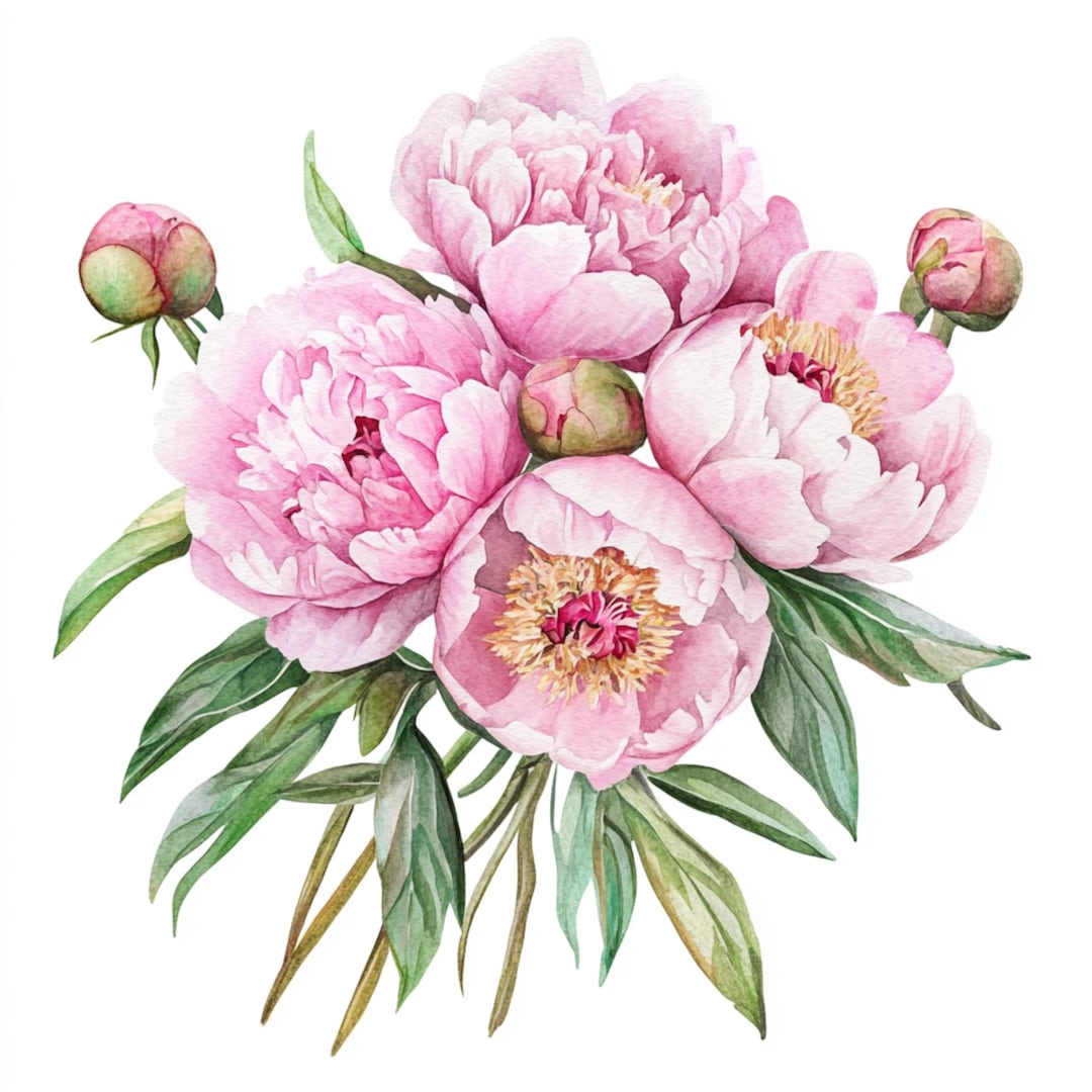10 Printable Pink Peony Flower Decor, Watercolor Peonies Bouquet, Peony ...