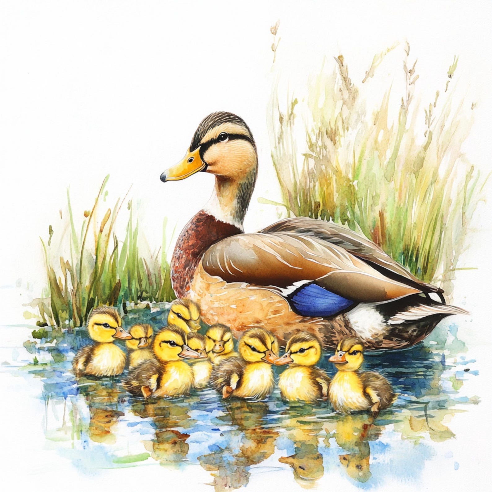 10 Printable Mom Duck With Babies, Watercolor Mother Duck and Baby ...