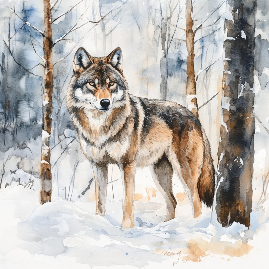 Wolf in Winter Forest Landscape Art, Christmas Wolf Card, Printable ...