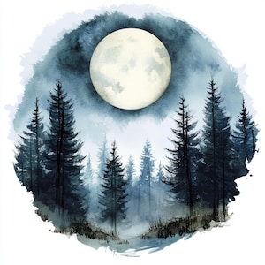 10 Printable Forest With Moon, Watercolor Art, Forest Landscape Clipart ...