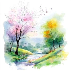 10 Printable Spring Landscape Art, Watercolor Landscape Art, River ...