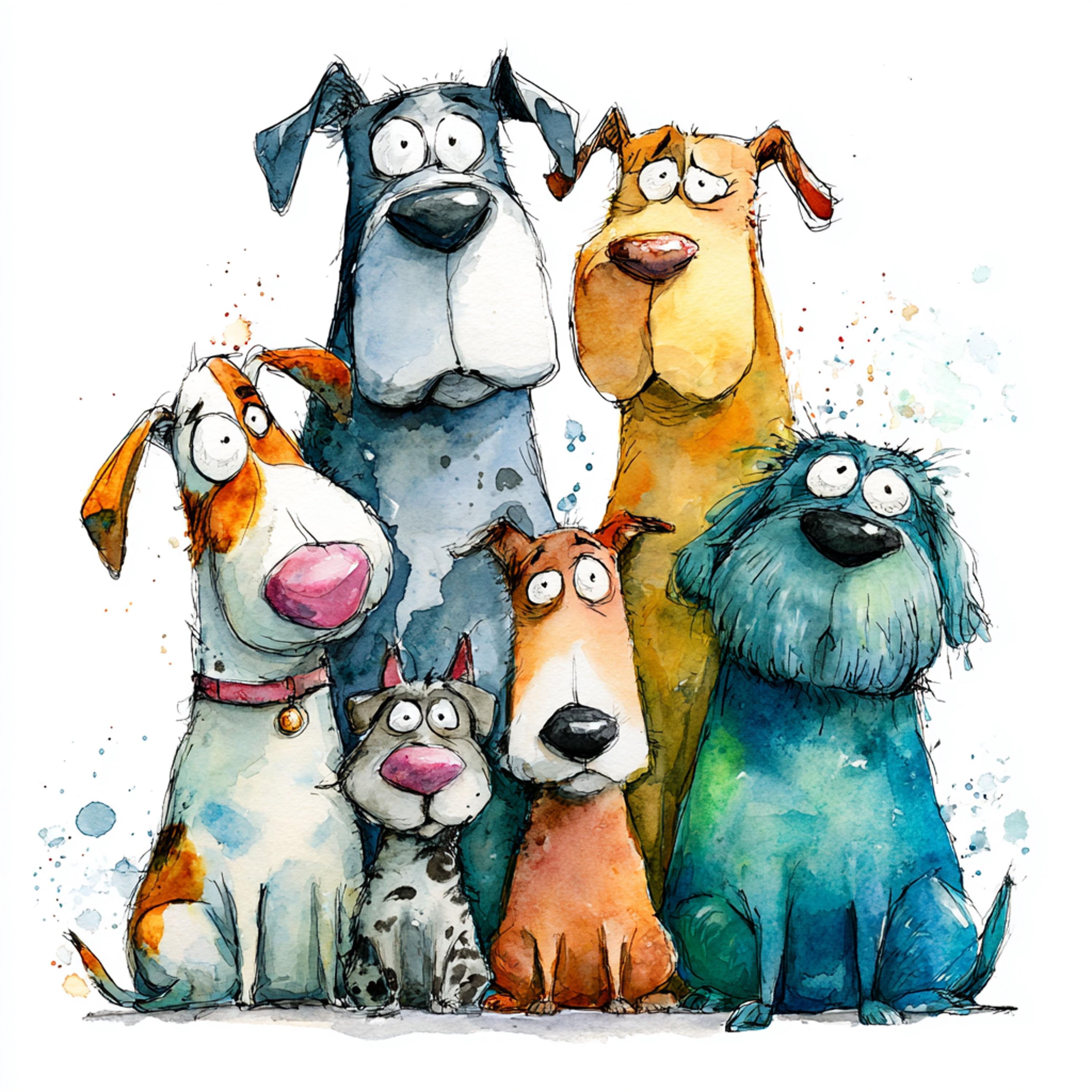 14 Printable Whimsical Dogs, Watercolor Funny Dogs, Family Dogs, Quaint ...