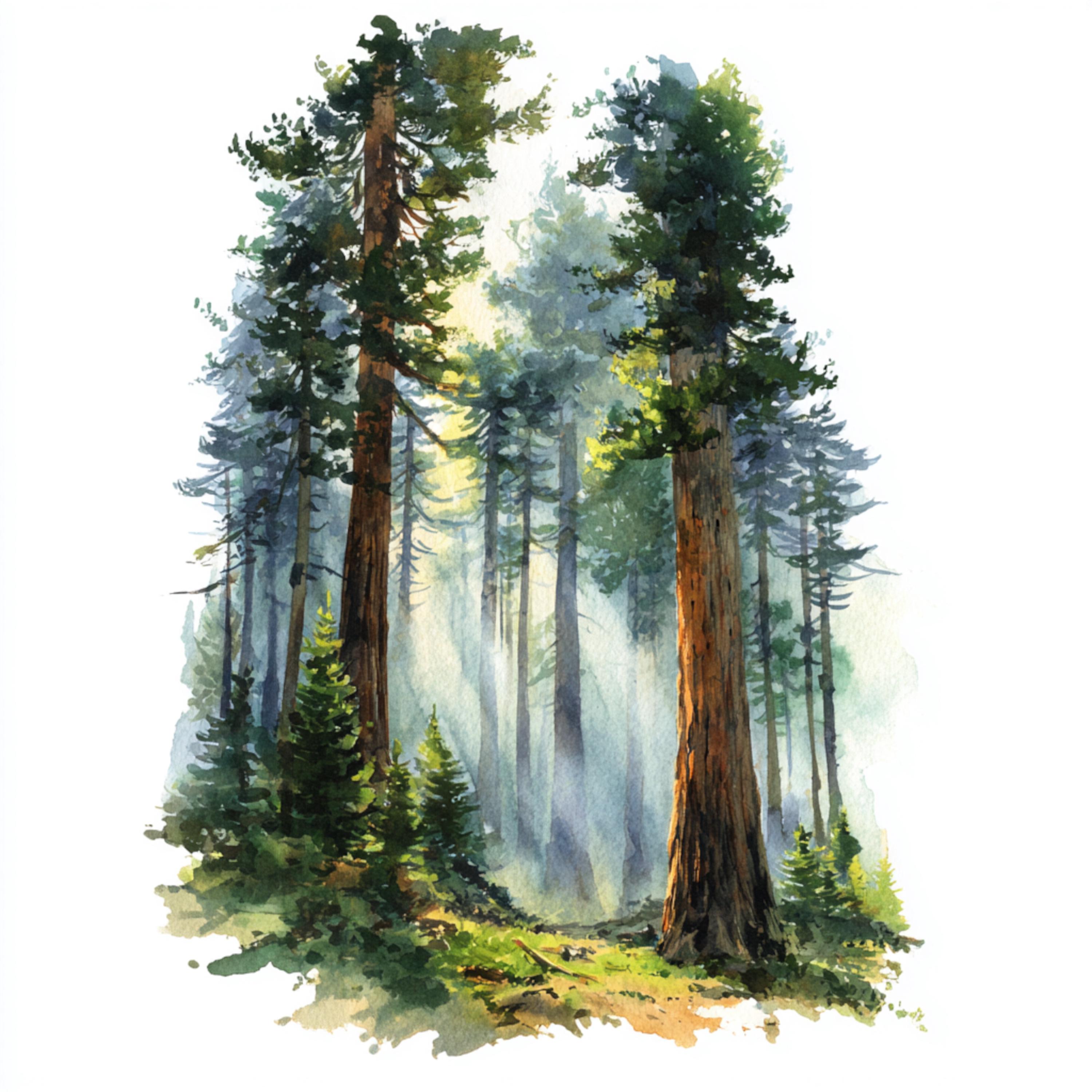 10 Printable Sequoia Forest, Watercolor Tree, Sequoia Landscape Art ...