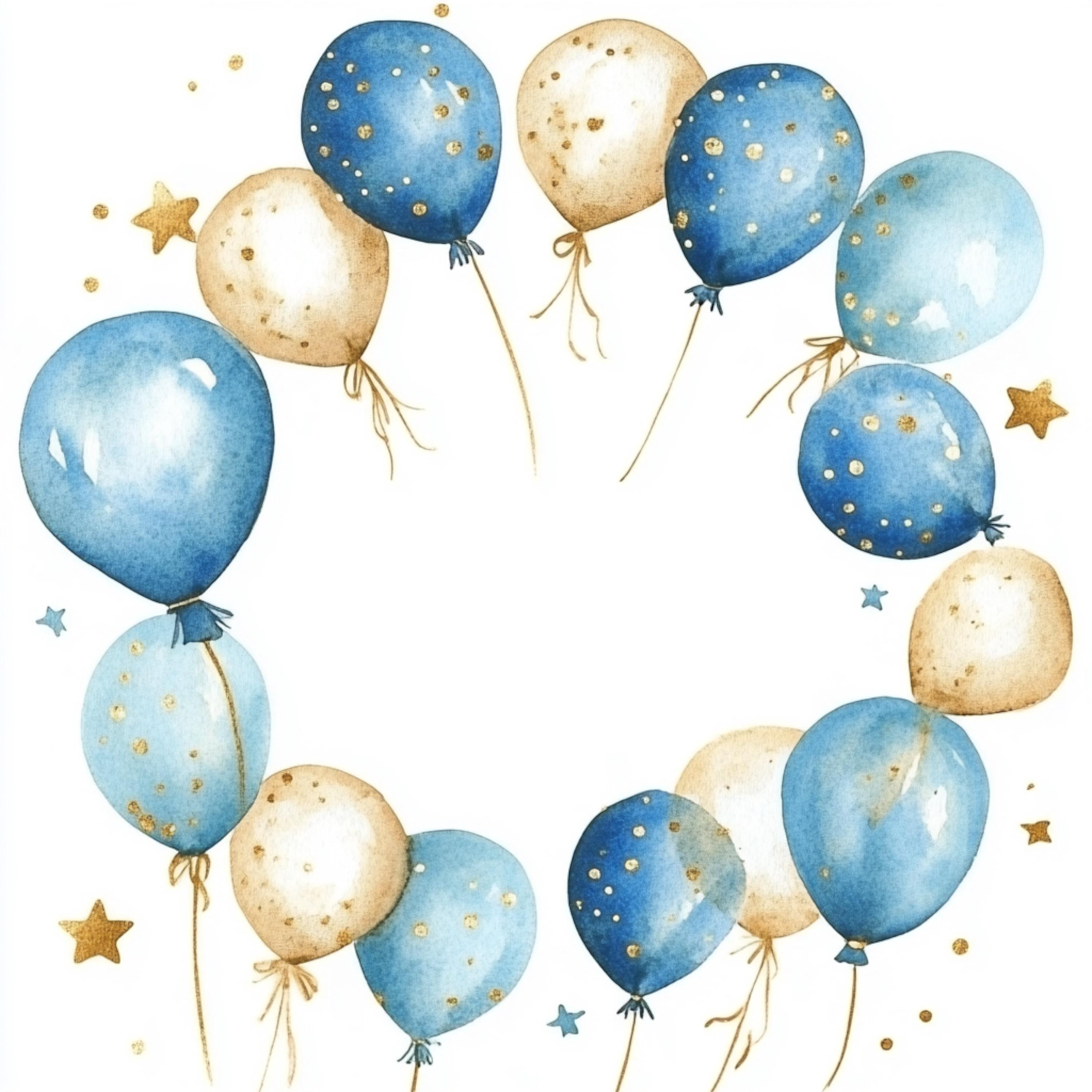 10 Printable Blue White Balloons Frame, Watercolor Party Ballons, Blue ...