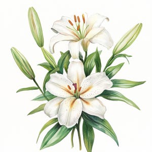 10 Printable White Lily Flowers, Watercolor Lily, Botanical Lily Art ...