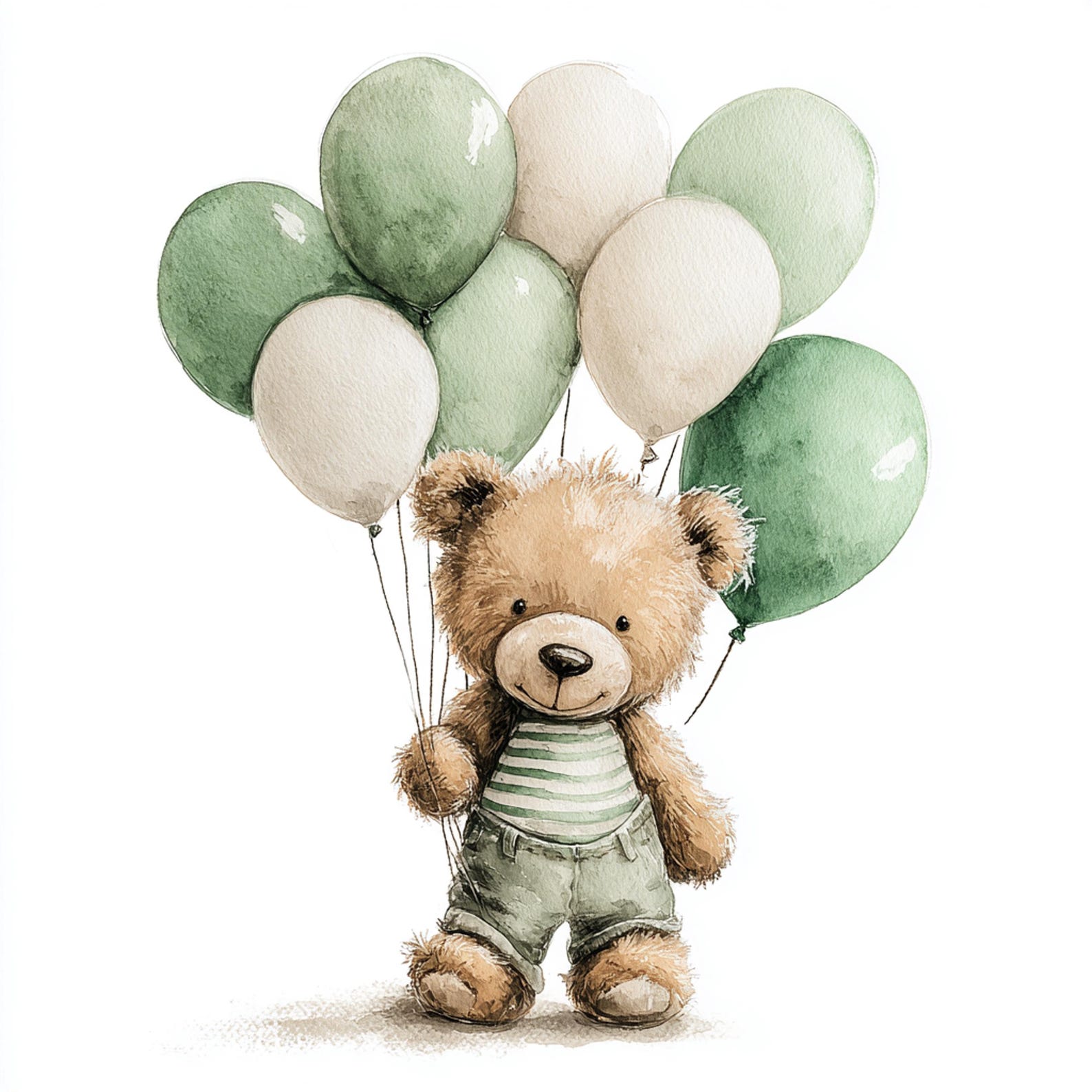 13 Printable Green Teddy Bear Clipart, Watercolor Balloons Bundle, Sage ...