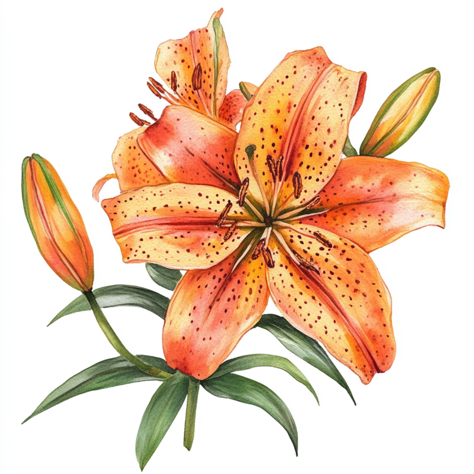 10 Printable Tiger Lily Flowers, Watercolor Lily, Botanical Lily Art ...