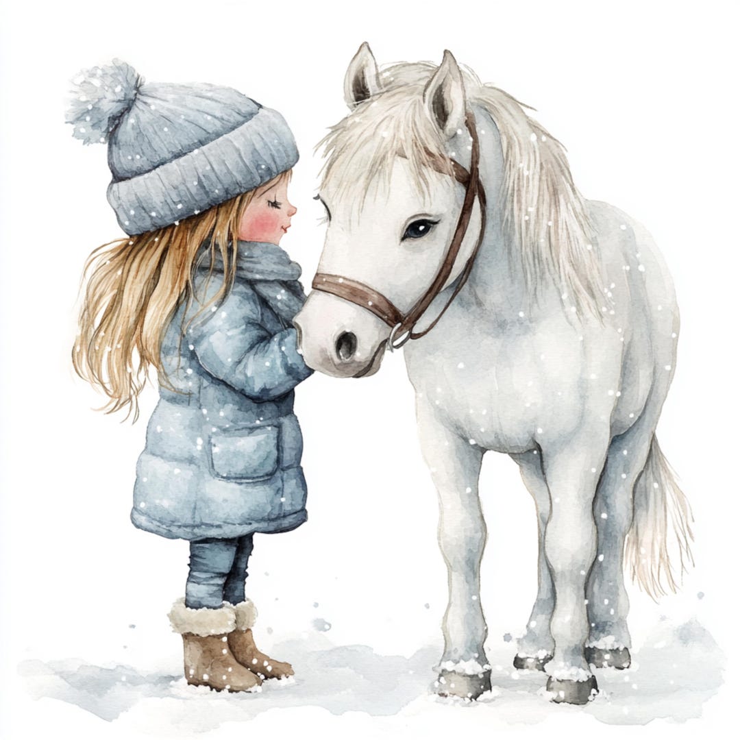 Printable Little Girl and Horse, Watercolor Girl and Ponny Art ...