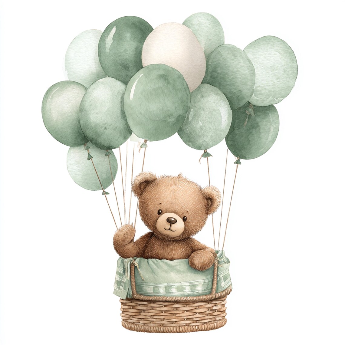 10 Printable Green Teddy Bear Clipart, Watercolor Balloons Basket, Sage ...