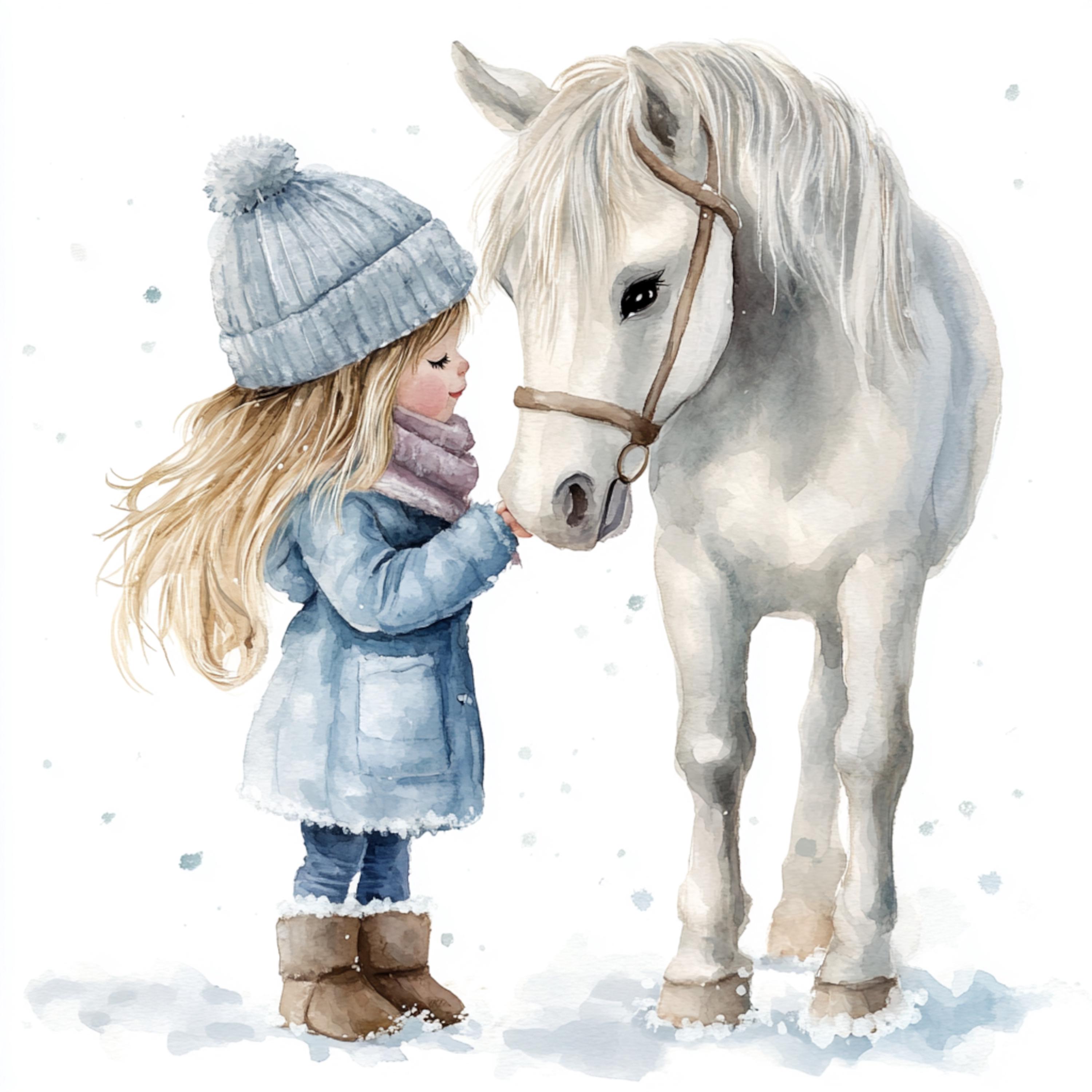 Printable Little Girl and Horse, Watercolor Girl and Ponny Art ...