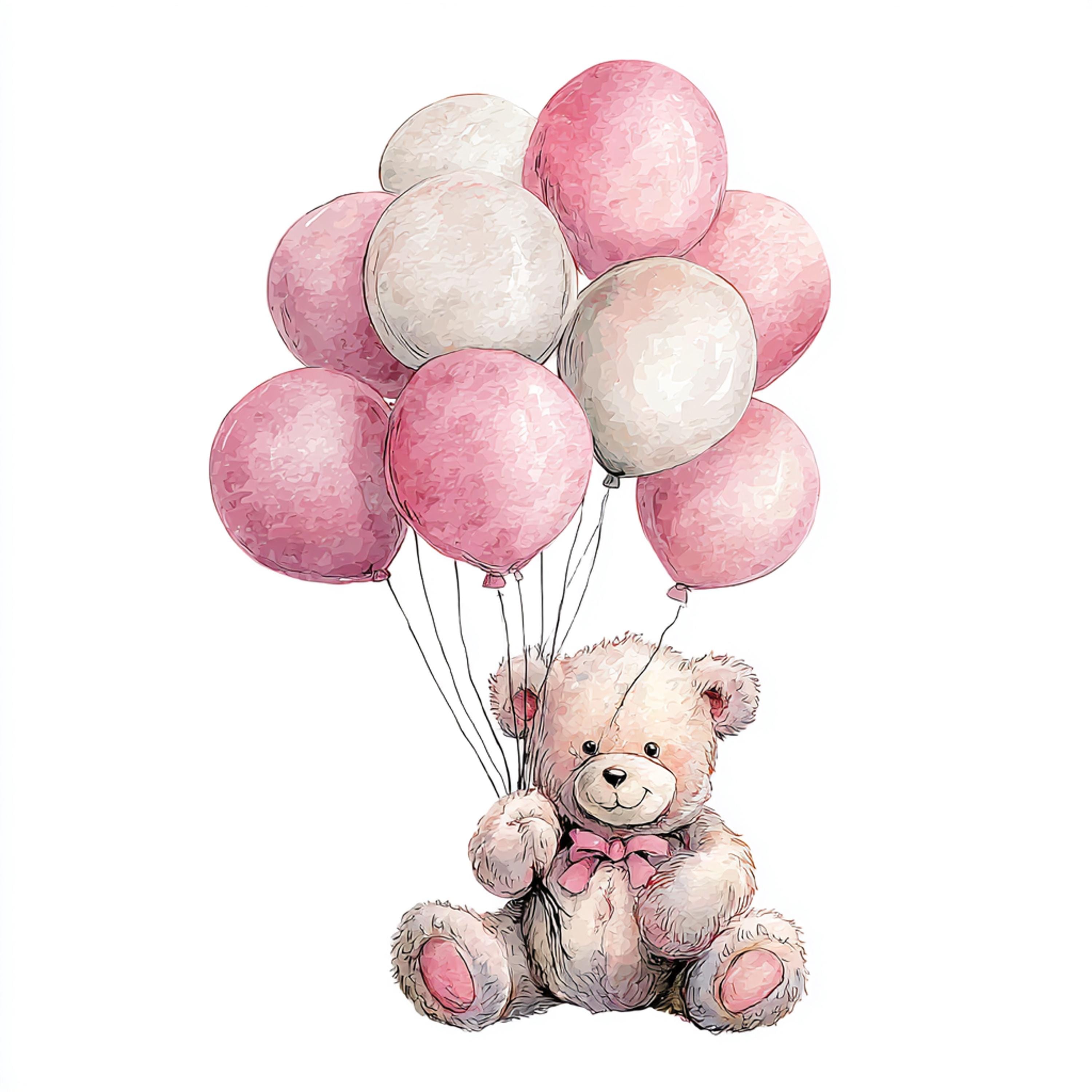 12 Printable Pink Teddy Bear Clipart, Watercolor Air Balloons Print ...