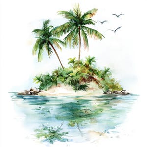 Printable Tropical Island, Watercolor Art, Island Coast Print, 10 Clip ...