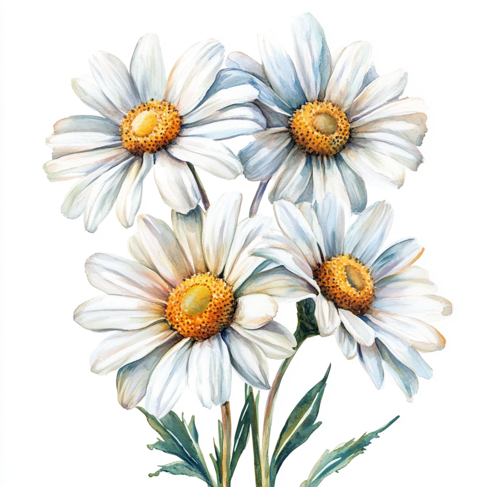 10 Printable White Daisies Flowers, Watercolor Daisy, Botanical Daisies ...