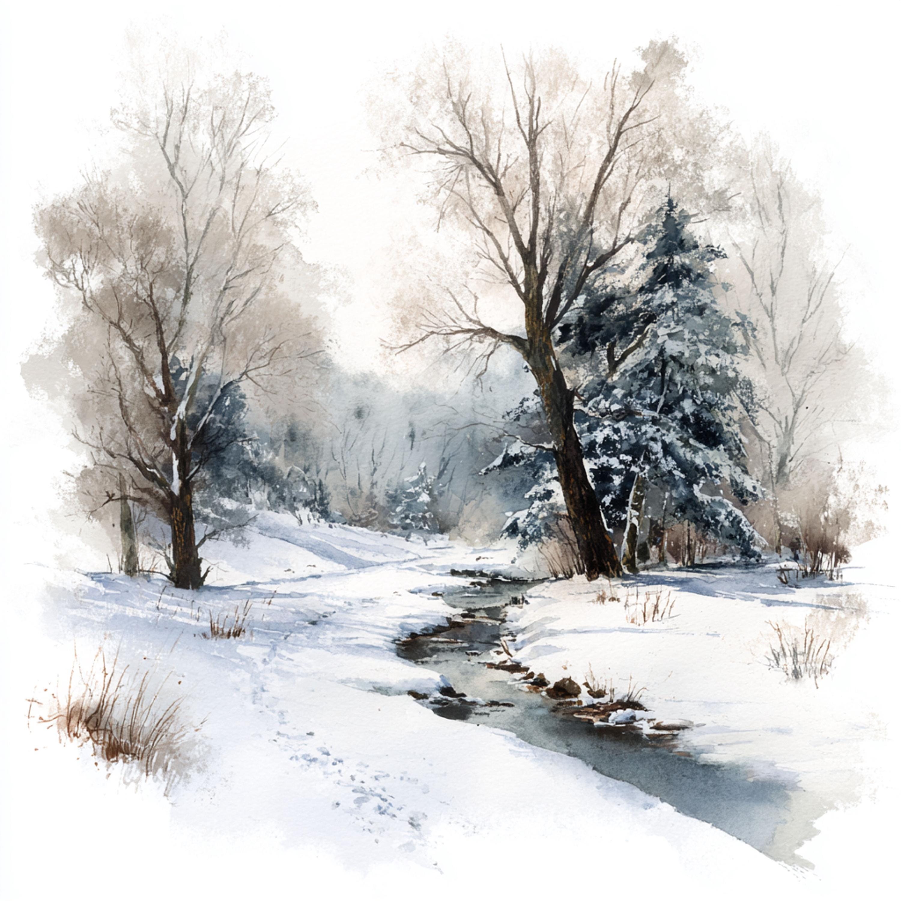 12 Printable Delicate Winter Landscape, Watercolor Art, Textured Winter ...