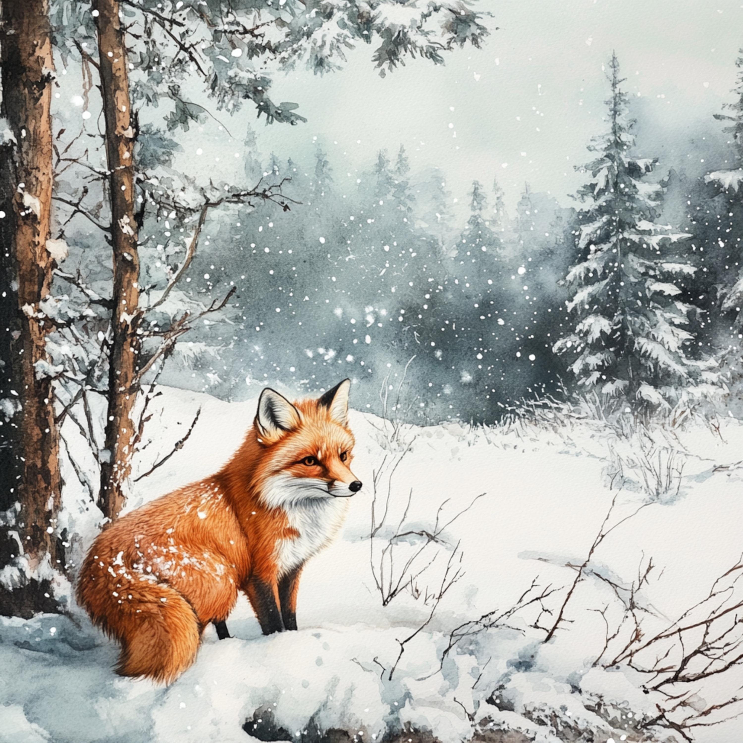 Printable Fox Clipart, Watercolor Art, Winter Fox in Forest, Printable ...