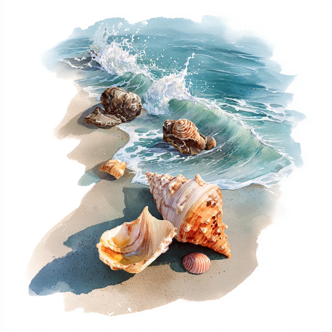 10 Printable Sea Shells and Waves Clipart, Seashell on Sand, Nautical ...
