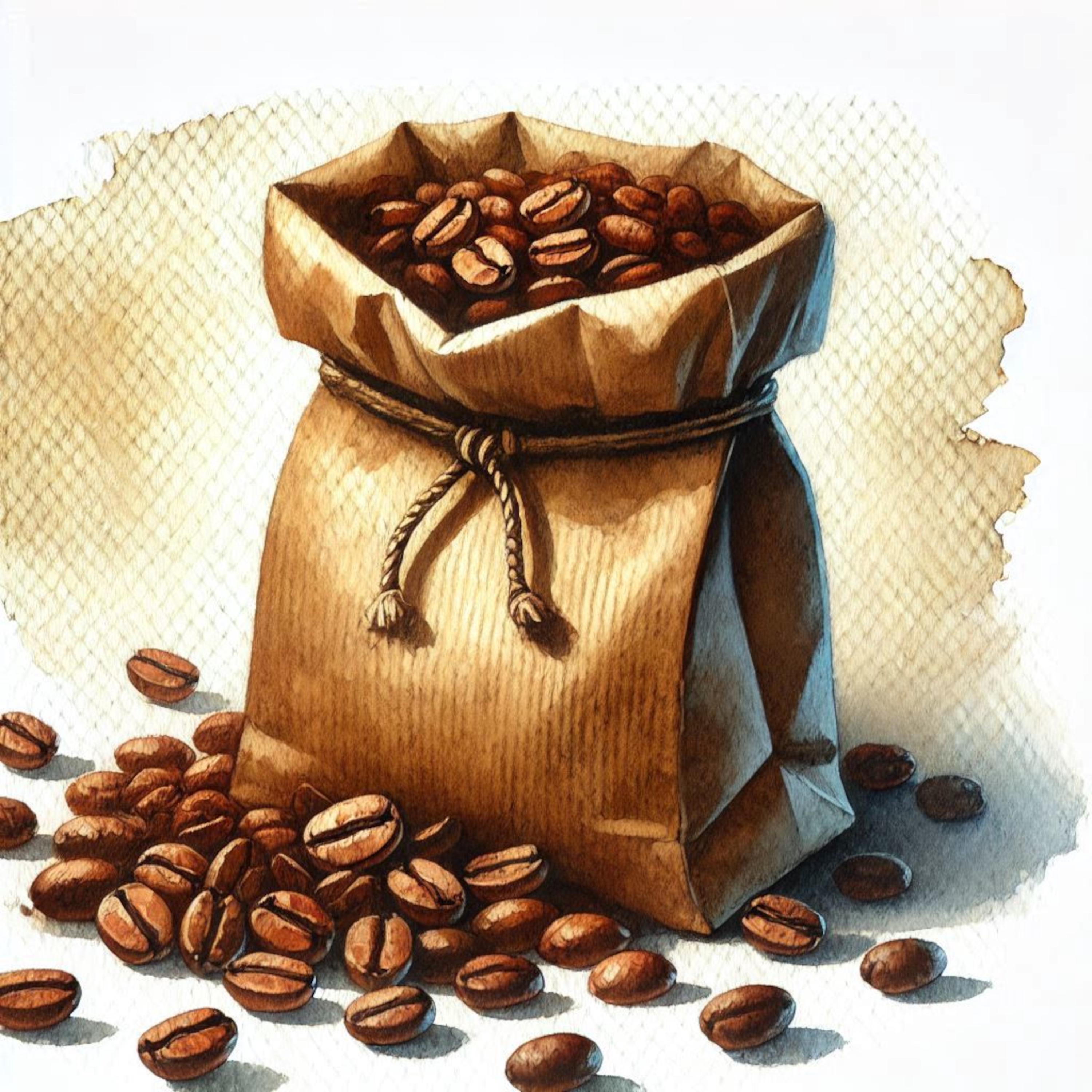 Printable Coffee Beans Art, Watercolor Sack of Coffee Beans, Paper Bag ...