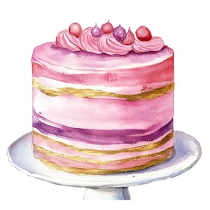 Printable Pink Cake, Watercolor Pink Gold Cake, Food Art Decor, 10clip ...